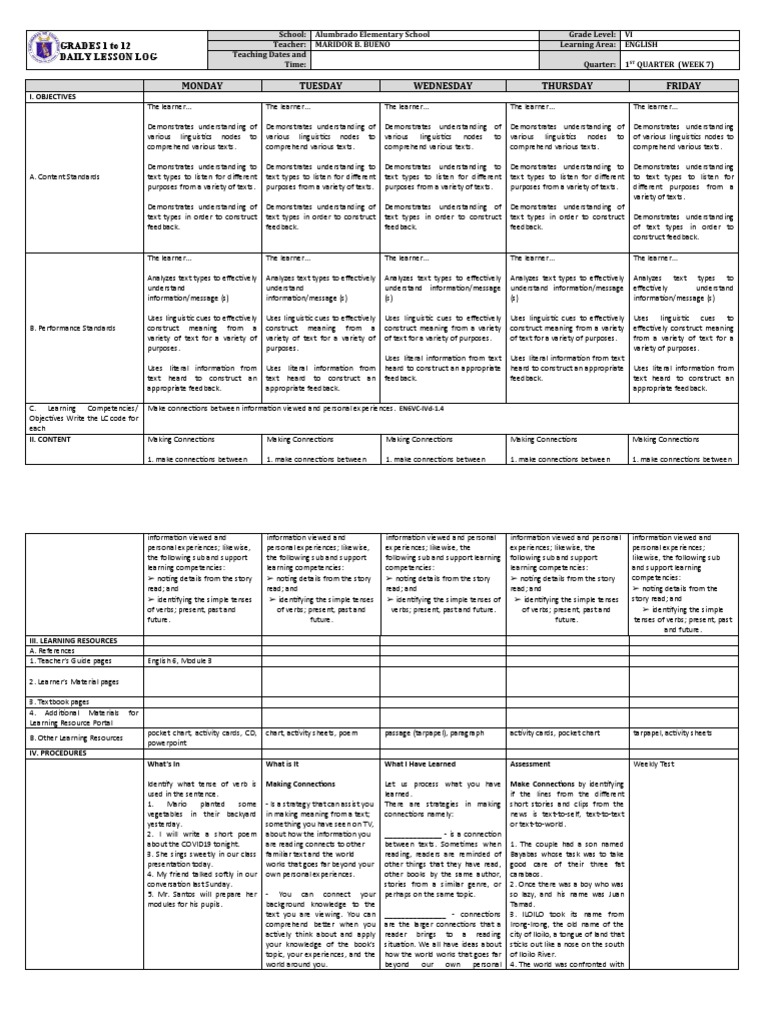 DLL - English 6 - Q1 - W7 | PDF | Learning | Information DLL - English 6 - Q1 - W7 | PDF | Learning | Information