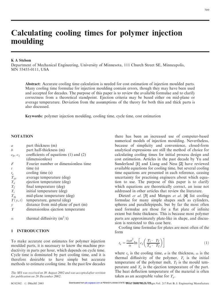 Calculating Cooling Times For Polymer Injection Moulding: K A Stelson ...