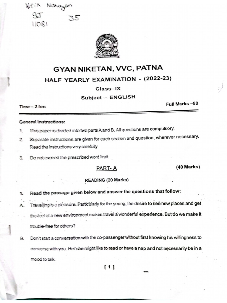 English Paper 2022-2023 Gyan Niketan | PDF