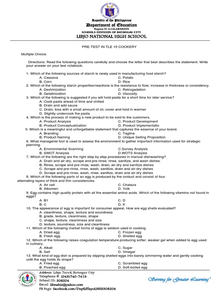 Pretest Cookery 10 | PDF | Meat | Egg As Food