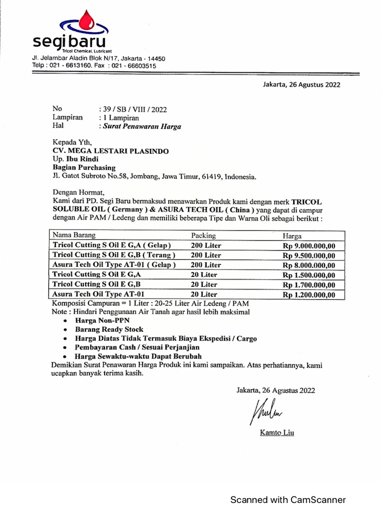 Surat Penawaran Produk CV. MEGA LESTARI | PDF