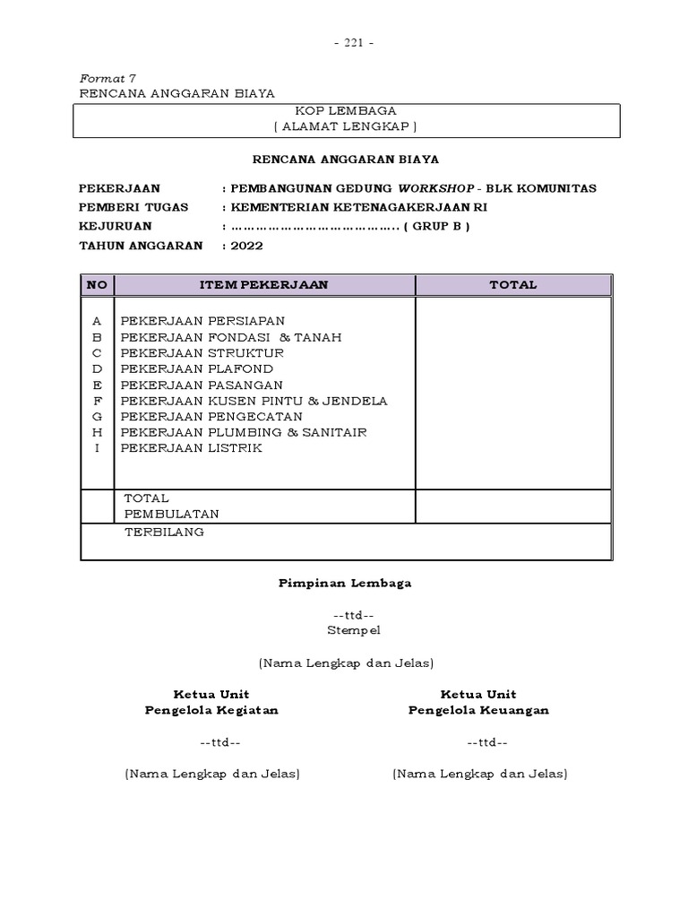 RAB Pembangunan Workshop BLK 2022 | PDF