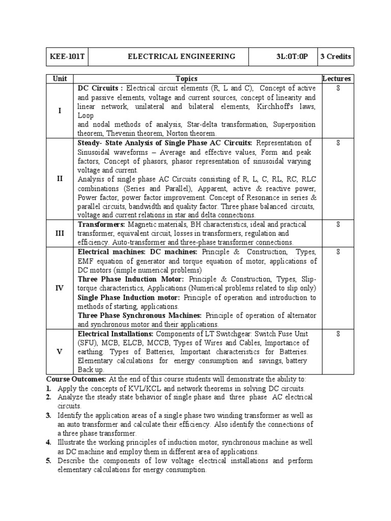 Syllabus KEE101T | PDF | Electrical Network | Electric Motor