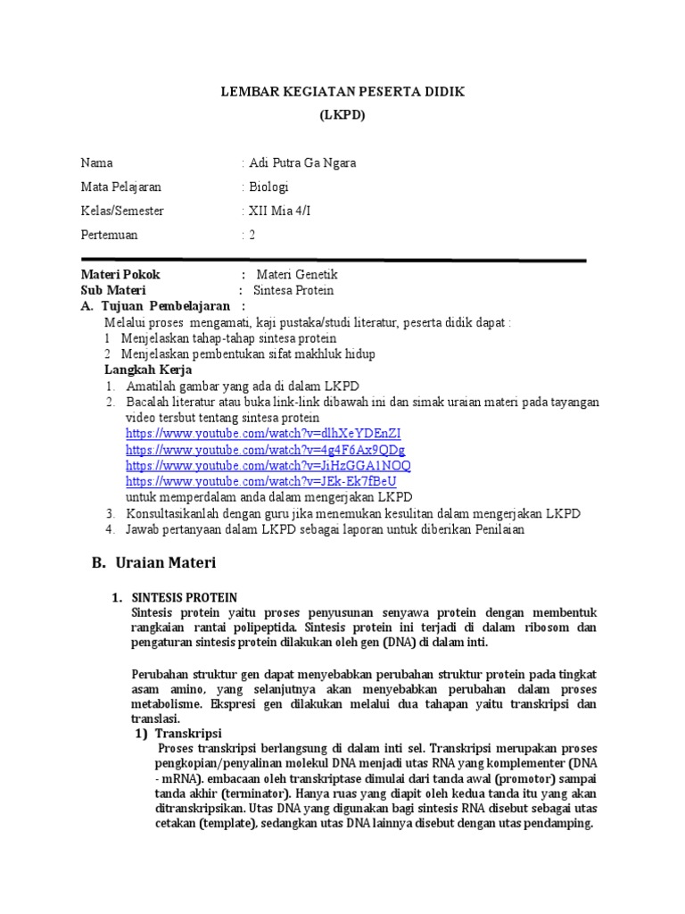 LKPD Materi Gen - 2 RPP 3 Adi Putra | PDF