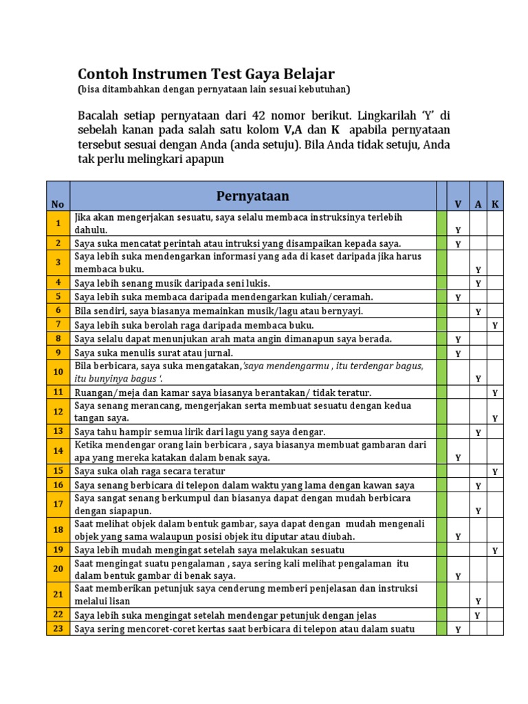 Instrumen Tes Gaya Belajar VAK | PDF