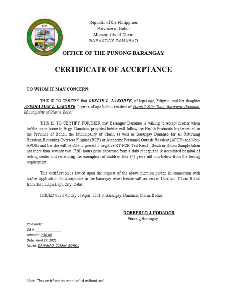 Certificates of Acceptance for Returning Residents of Barangay Danahao ...