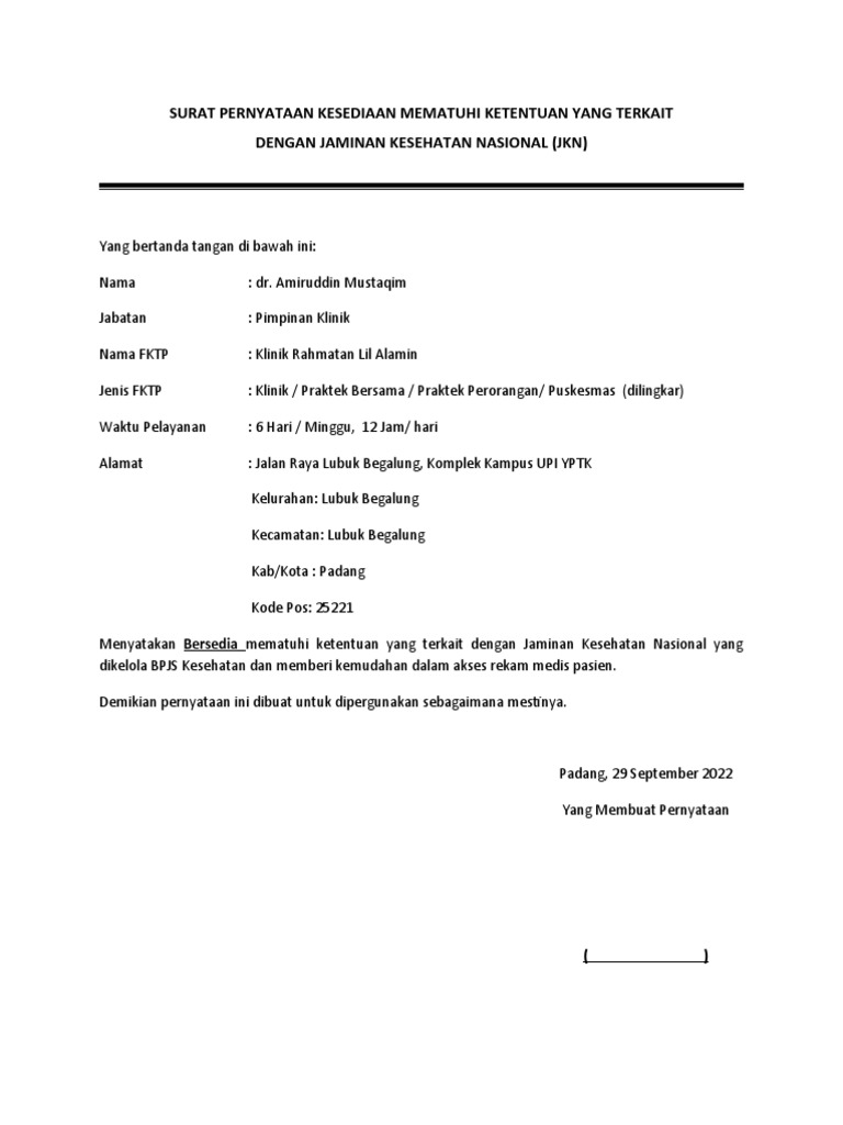 Surat Pernyataan Kesediaan JKN | PDF
