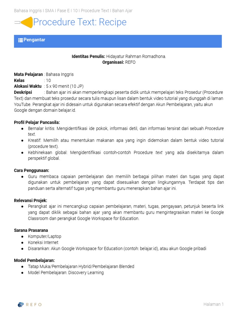 Modul-Bahasa Inggris - Bahan Ajar - 10 - Procedural Text-Recipe | PDF
