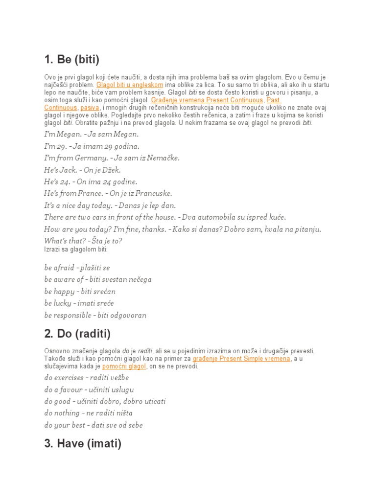 Be (Biti) : Glagol Biti U Engleskom Građenje Vremena Present Continuous Past Continuous Pasiva | PDF