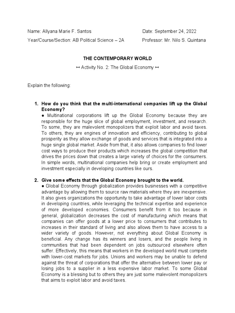 Ab18 Thecontemporaryworld Activityno.2 | PDF | Globalization | Economies