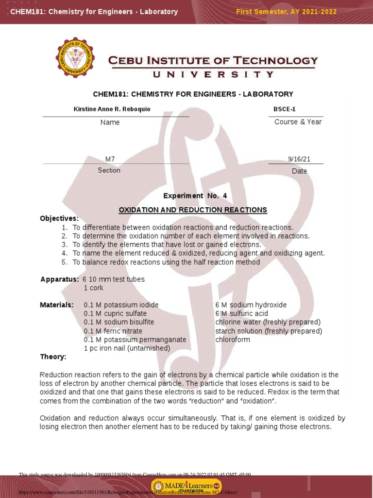Reboquio - experiment4.OxidationReductionReactions M7 C1 | PDF | Redox | Chemical Reactions