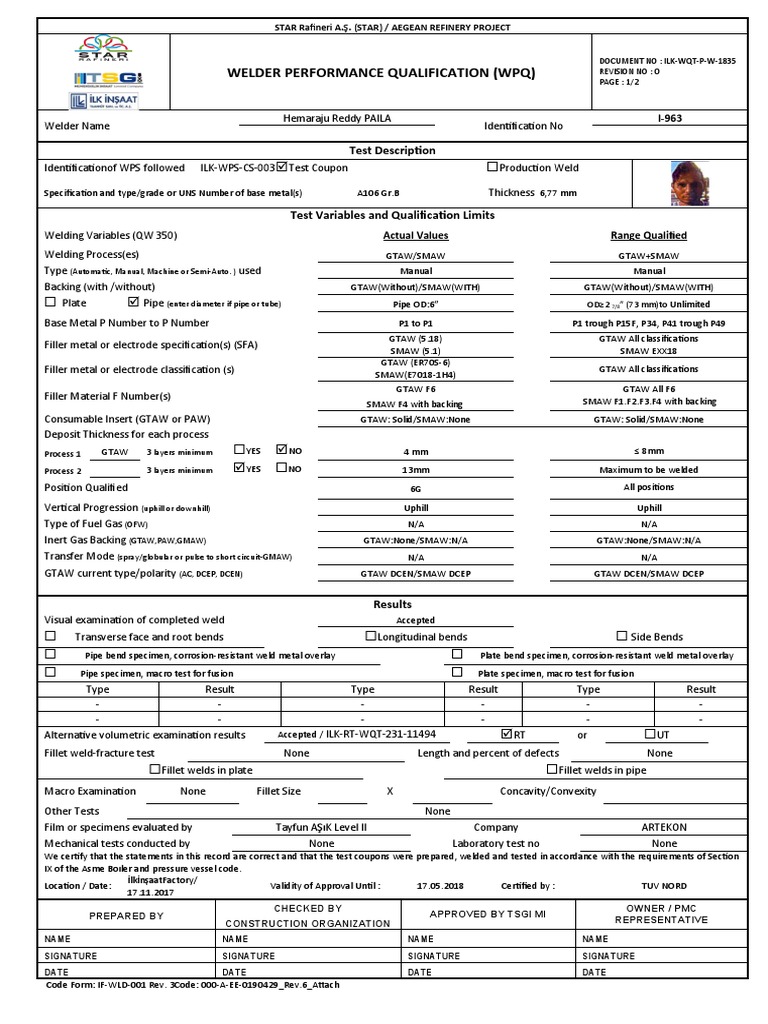 I-963 Welder Certificate Smaw-Gtaw-1 | PDF