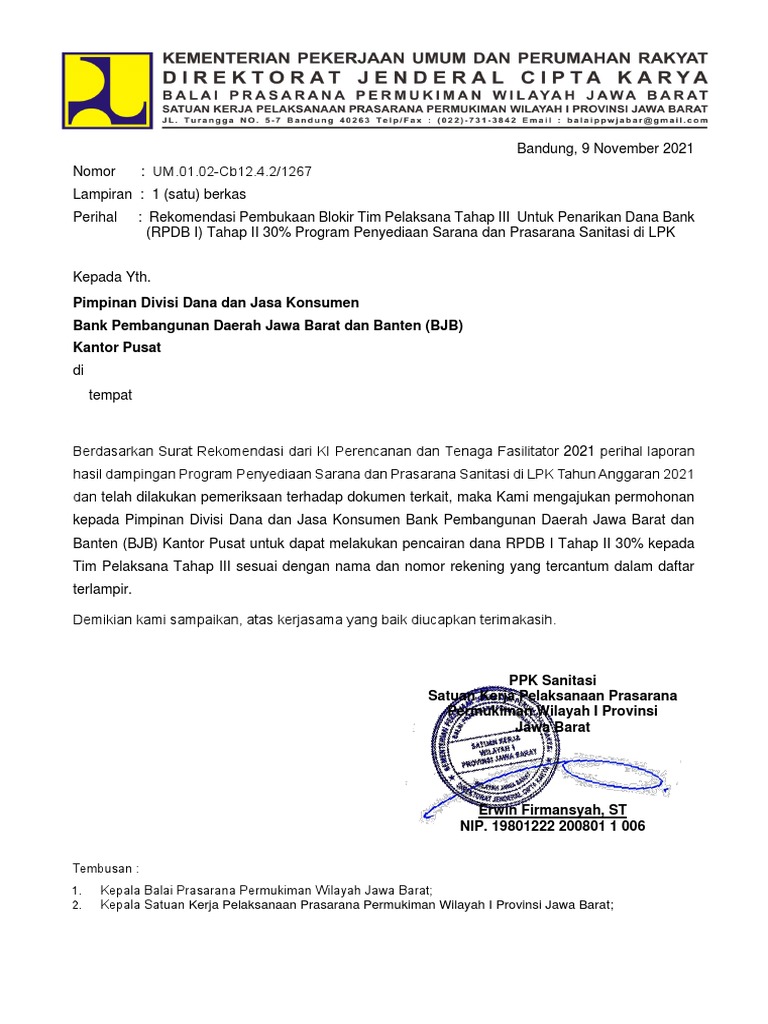 Surat Rekom Buka Blokir PPK Sanitasi TPL LPK Tahap III RPDB I (Tahap II 30% - 9 November 2021 ...