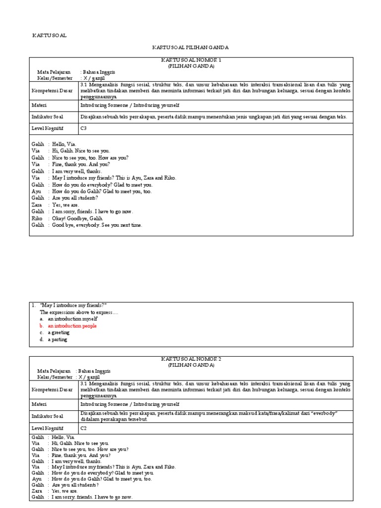 KARTU SOAL US (Bahasa Inggris) | PDF