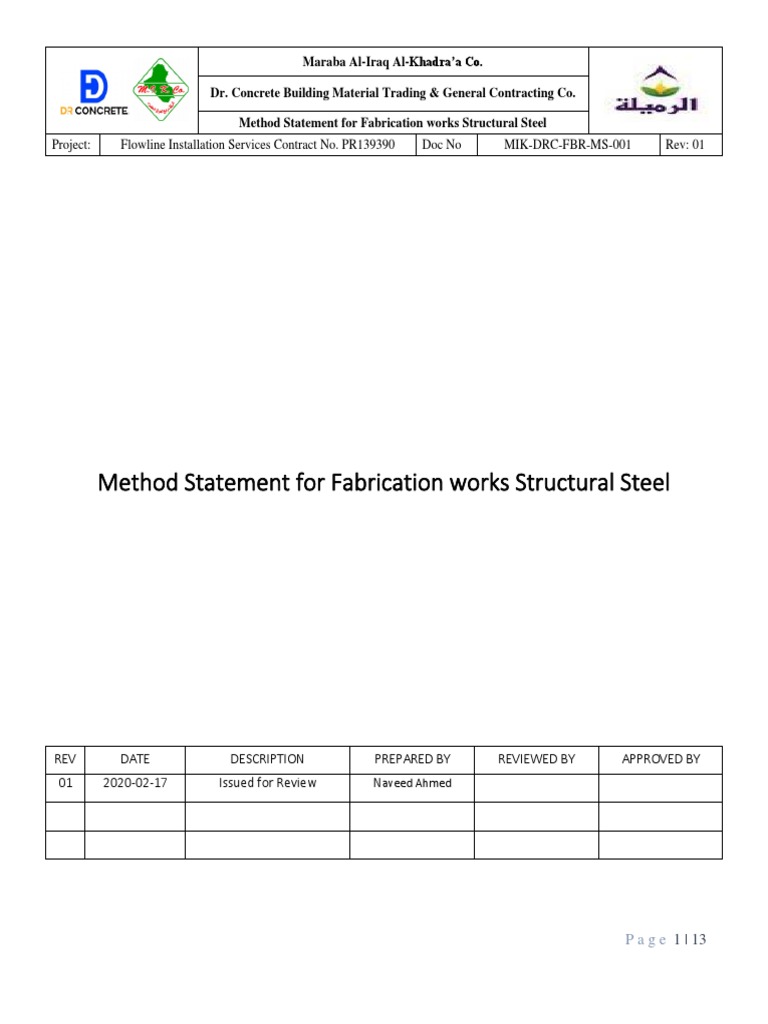 Method Statement For Fabrication Works Structural Steel | PDF | Welding | Construction