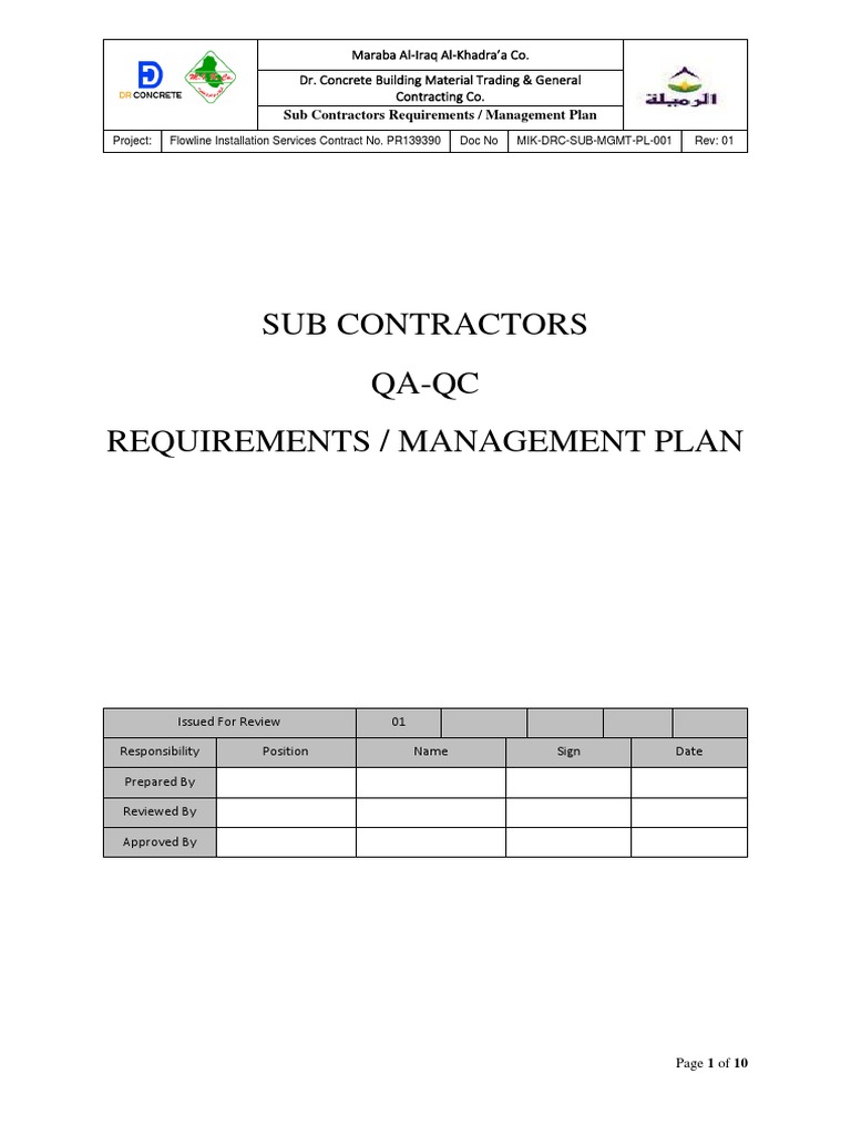 Sub Contractors Requirements - Management Plan | PDF