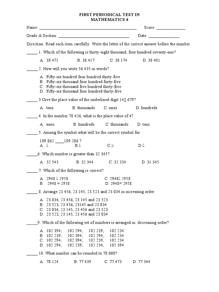 Grade 4 First Periodical Math Test | PDF | Division (Mathematics ...
