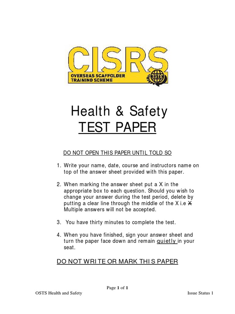 Health Safety Test Paper | PDF | Occupational Safety And Health | Safety