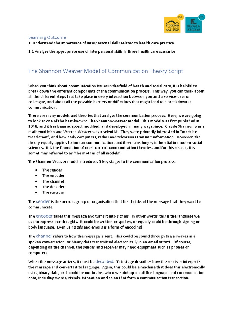 The Shannon Weaver Model of Communication Theory Script | PDF | Communication | Cognition