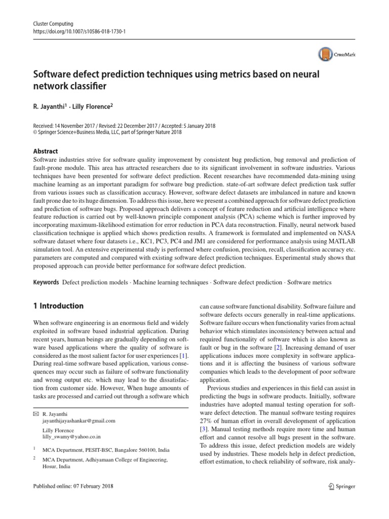 Software Defect Prediction Techniques Using Metrics Based On Neural Network Classifier | PDF