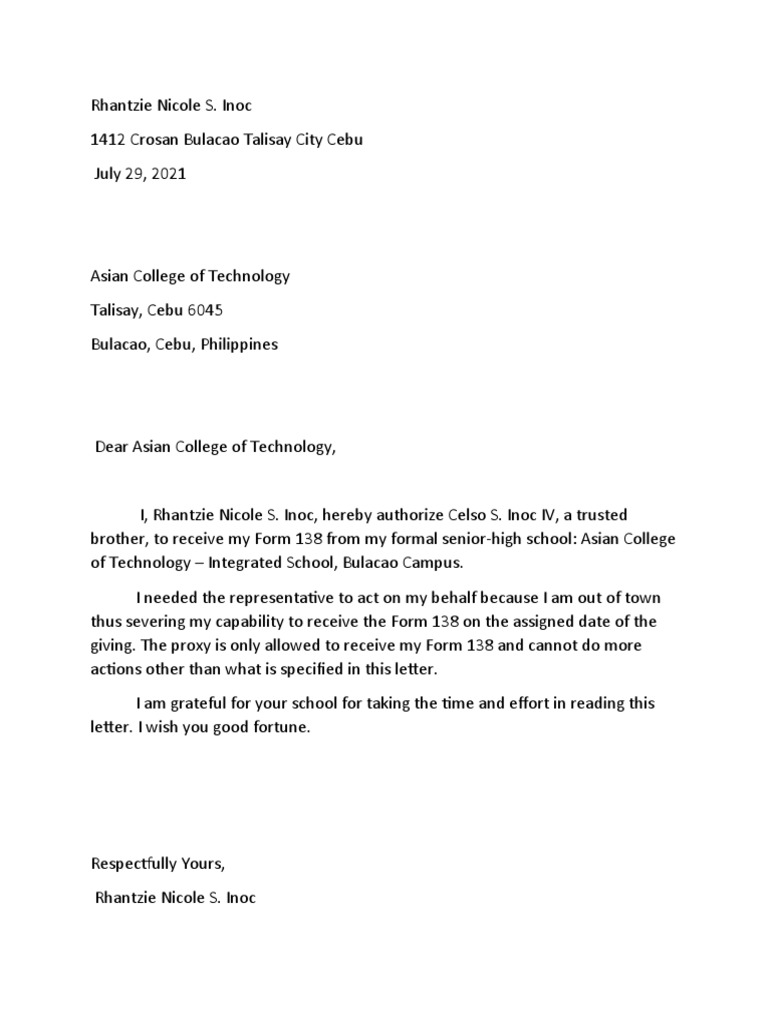 Authorization Letter for Form 138 | PDF