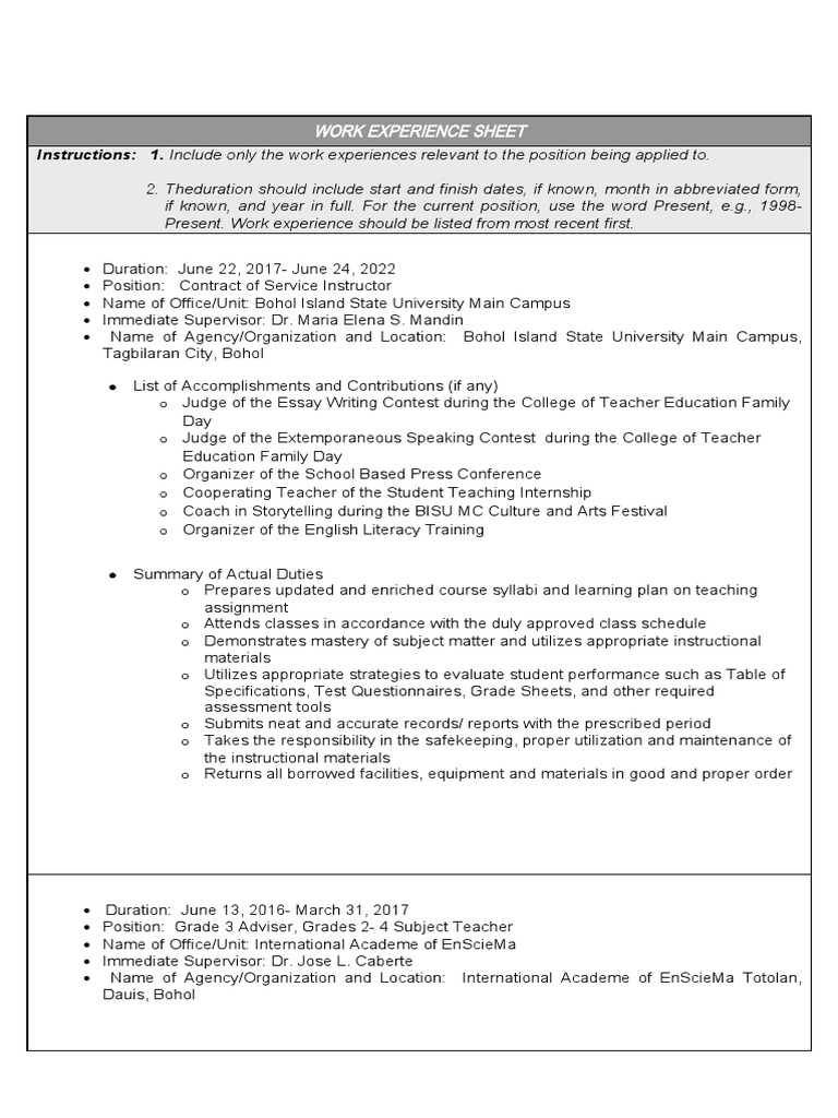 Work Experience Sheet | PDF | Teachers | Internship