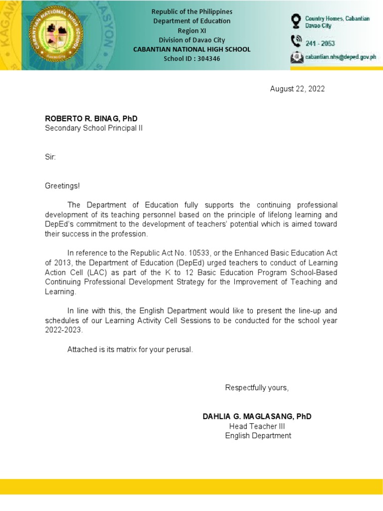 Letter For LAC | PDF | Behavior Modification