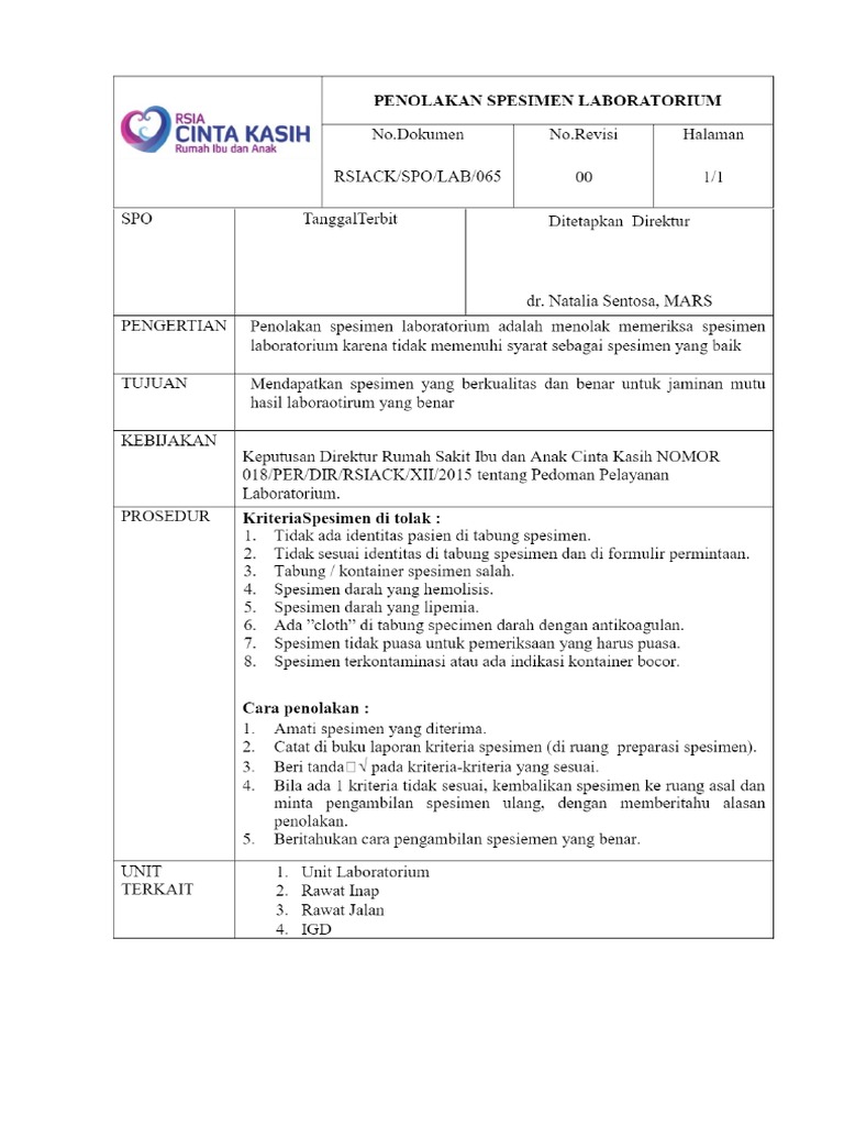 Spo Penolakan Spesimen Laboratorium | PDF