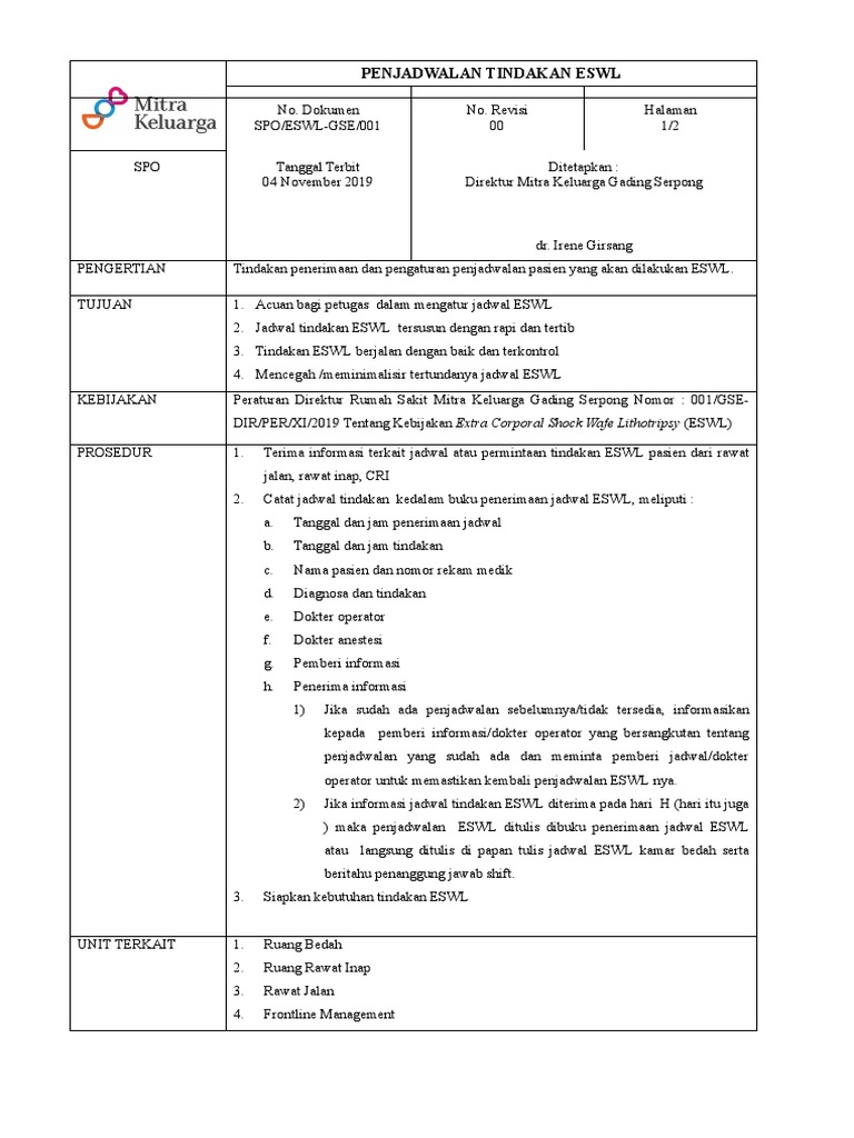 001 Spo Penjadwalan Tindakan Eswl | PDF