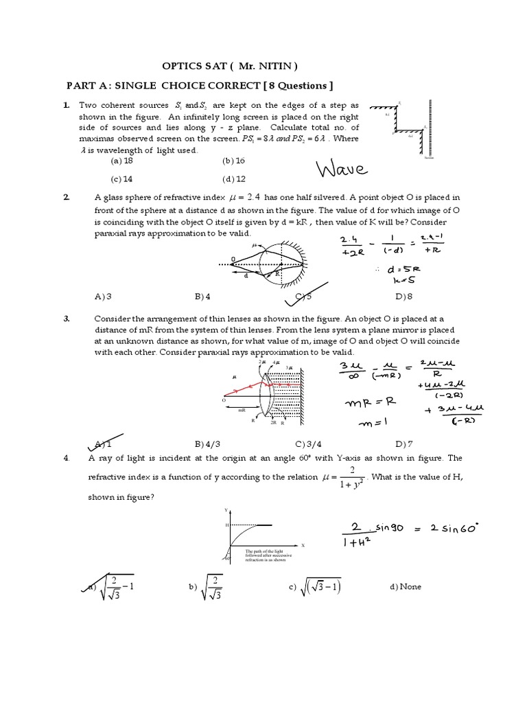 Optics SAT Exam Questions | PDF | Refraction | Optics