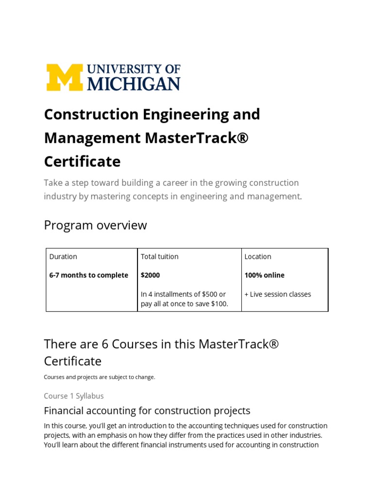 Construction Engineering and Management MasterTrack® Syllabus | PDF | Life Cycle Assessment ...