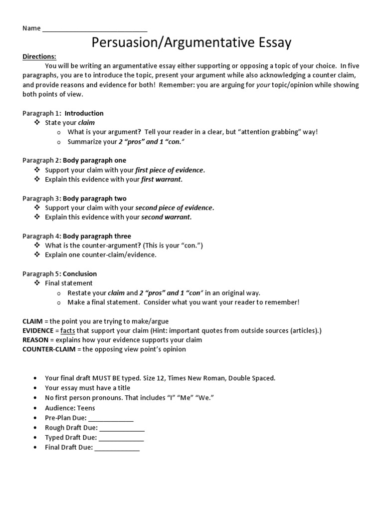 Common Assessment Persuasive (Argumentative) Essay-7th | PDF | Essays ...