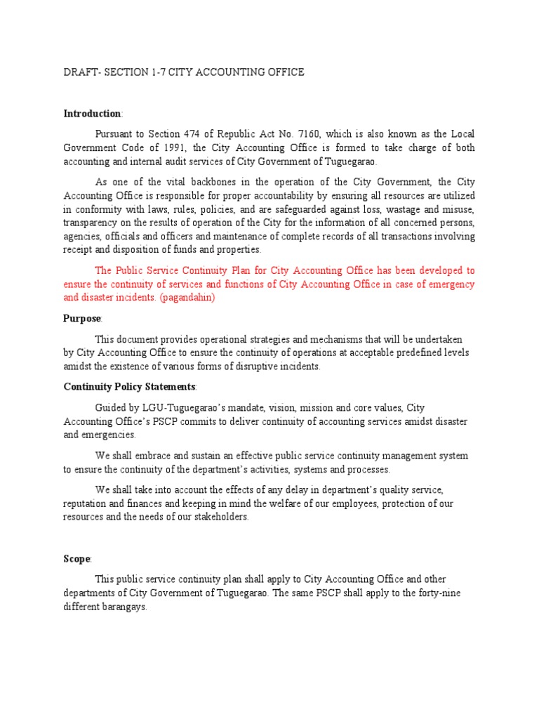 Draft PSCP | PDF | Emergency | Accounting