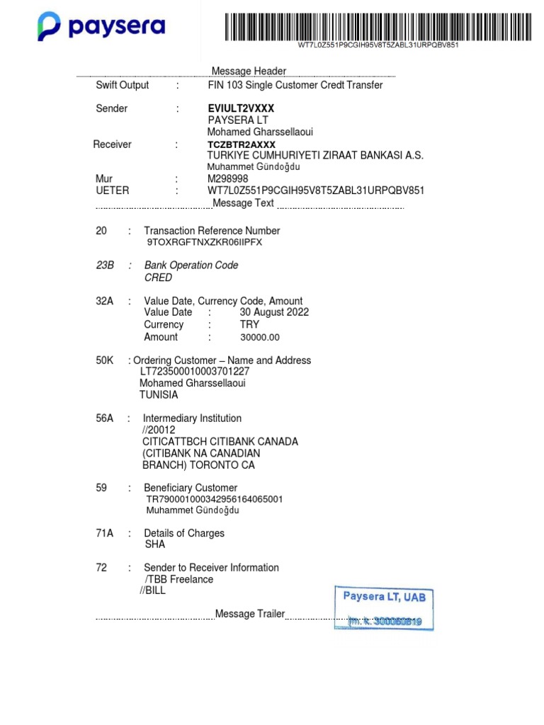 Sample MT103 (Ibcp) 164987254 | PDF | Business | Finance & Money Management