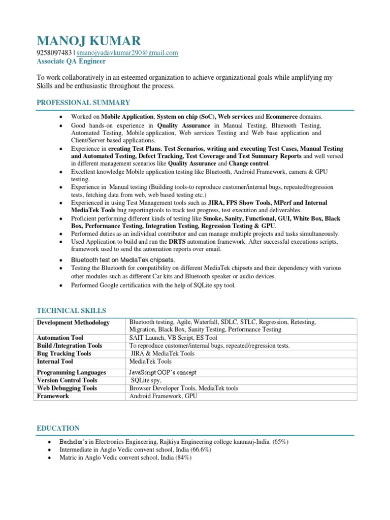 Manoj Kumar Software Qa Engineer Pdf Software Testing System On A Chip