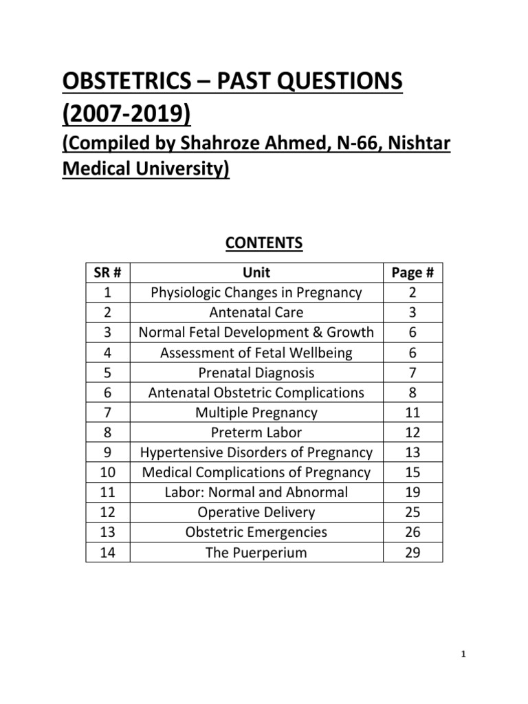 Obstetrics Past Questions (2007-2019) | PDF | Childbirth | Pregnancy