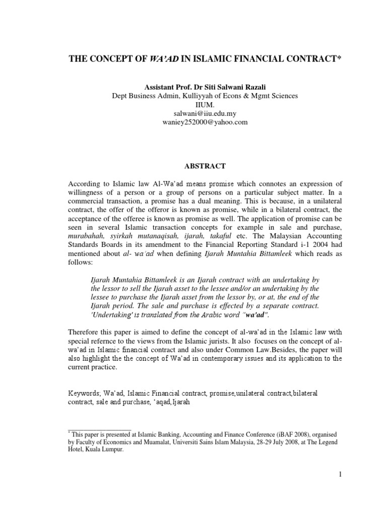 The Concept of Waad in Islamic Financial Contract | PDF | Consideration ...
