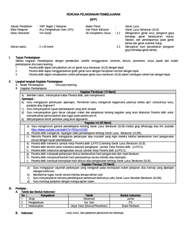 RPP IPA Gerak Lurus Pertemuan-8 | PDF