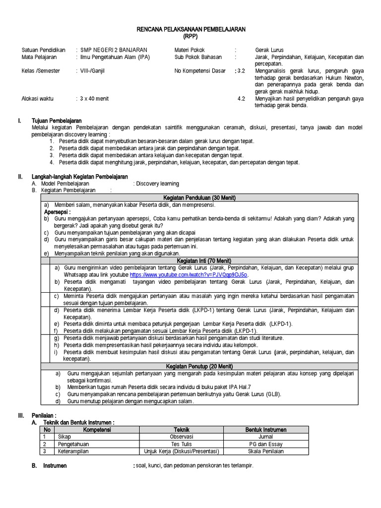 RPP IPA Gerak Lurus Pertemuan-7 | PDF