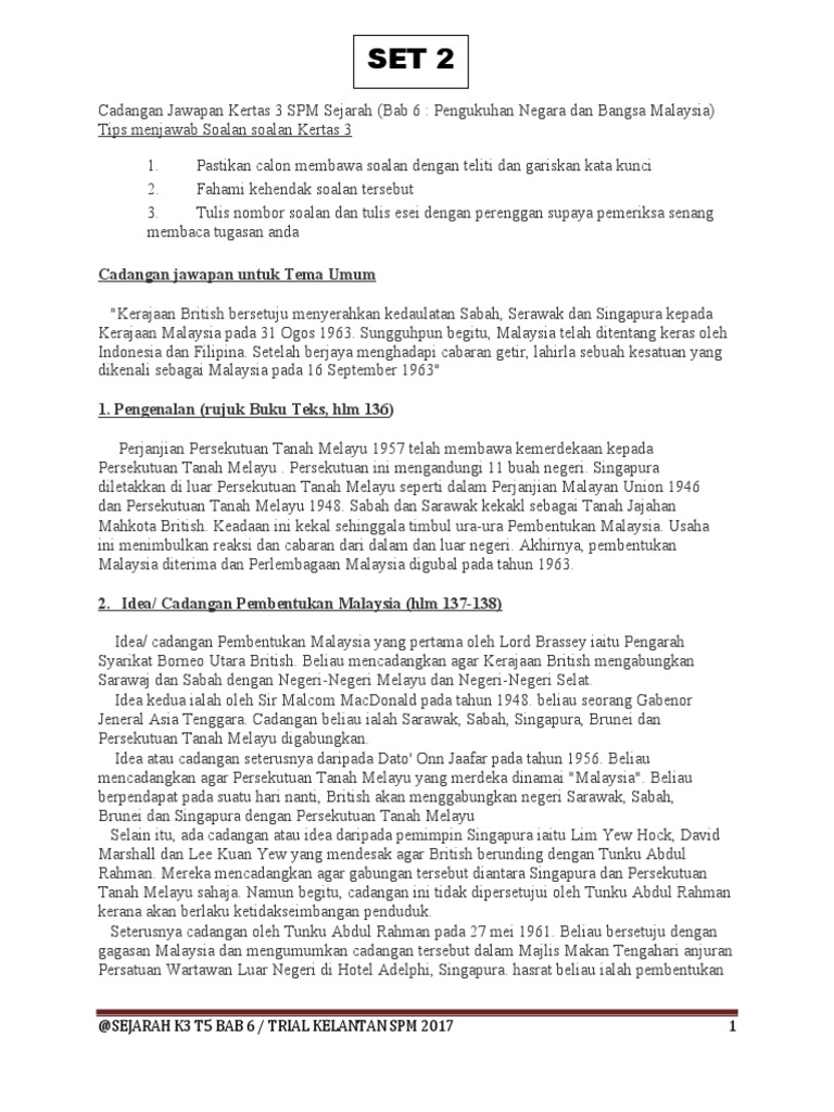 Cadangan Jawapan Untuk Tema Umum: @sejarah K3 T5 Bab 6 / Trial Kelantan SPM 2017 1 | PDF