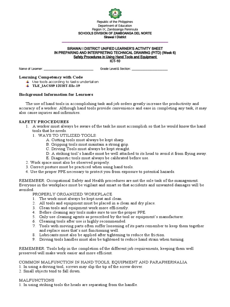 10 - LAS - WEEk6-Safety Procedures in Using Hand Tools and Equipment ...