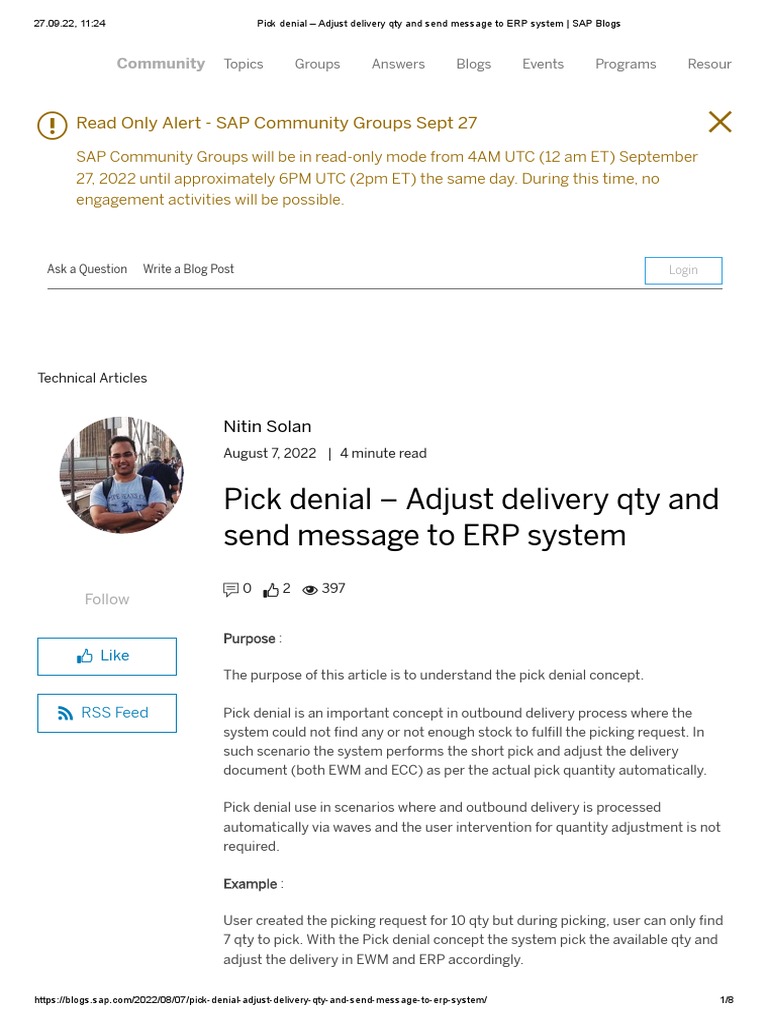 Pick Denial - Adjust Delivery Qty and Send Message To ERP System - SAP Blogs | PDF | Computer ...