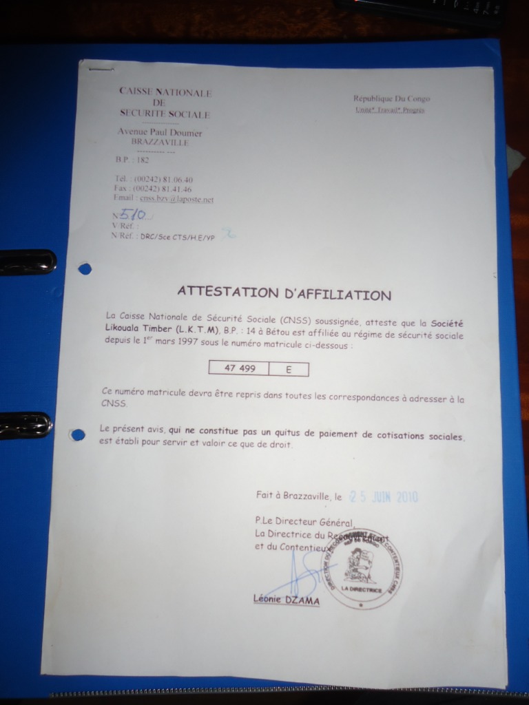 LIKOUALA TIMBER-Attestation D'immatriculation À La CNSS-2018!01!11 | PDF