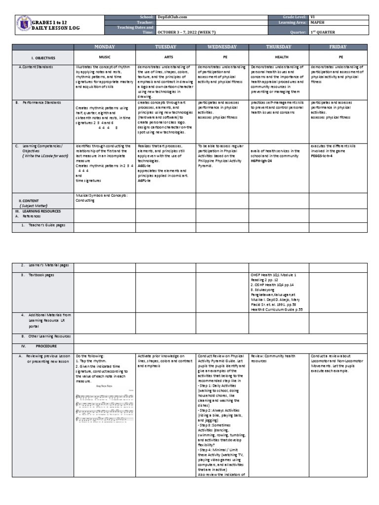 DLL - Mapeh 6 - Q1 - W7 | PDF | Rhythm | Learning