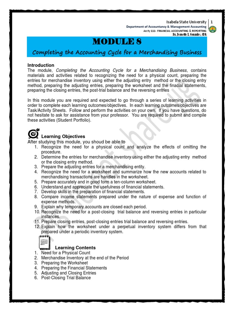 MODULE 8 Completing The Cycle For A Merchandising Business | PDF