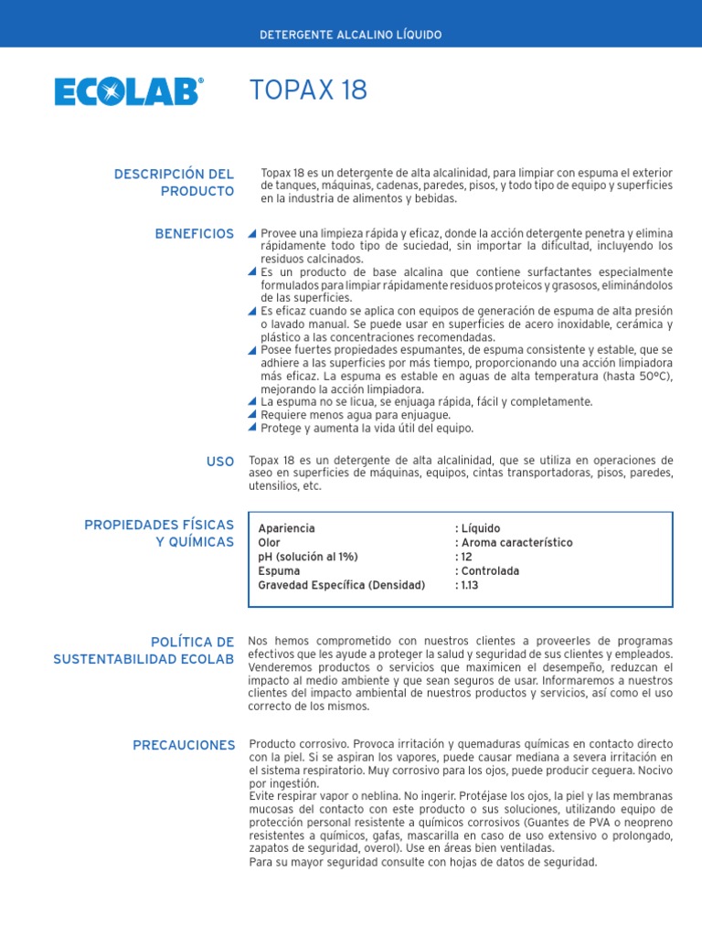 FT Topax 18 - Ecolab | PDF | Detergente | Agua