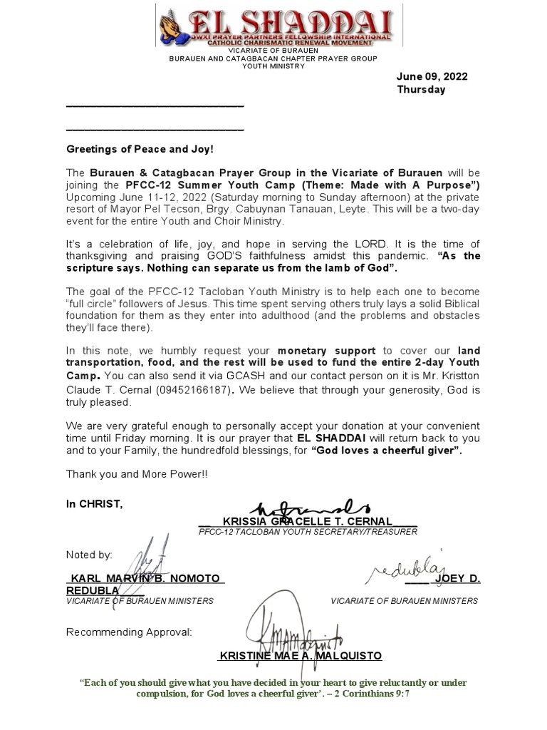 Summer Youth Camp 2022 Bcycm Solicitation Letter | PDF
