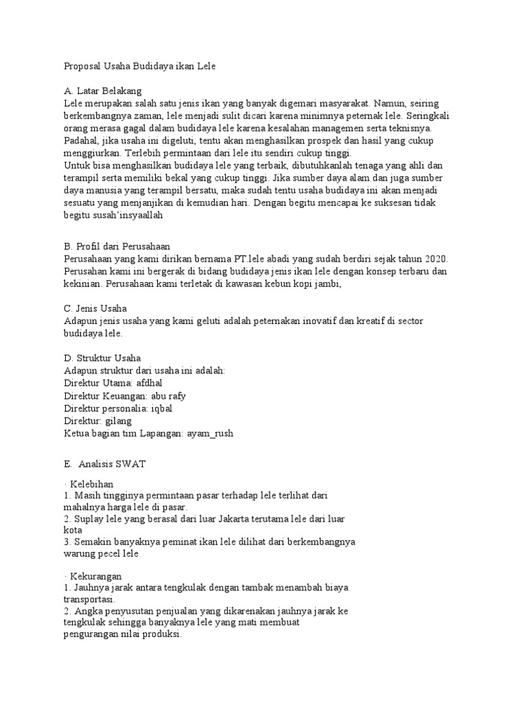 Proposal Usaha Budidaya Lele | PDF