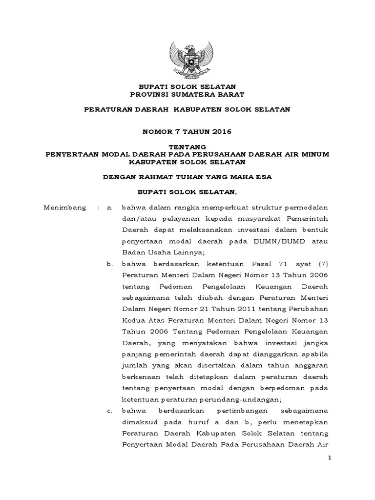 Perda No 7 PENYERTAAN MODAL PDAM | PDF