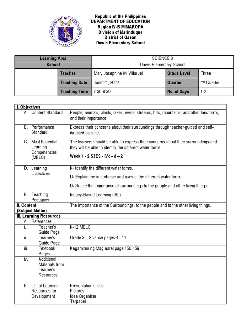 Grade 3 Science Lesson on Water Forms | PDF | Teachers | Learning